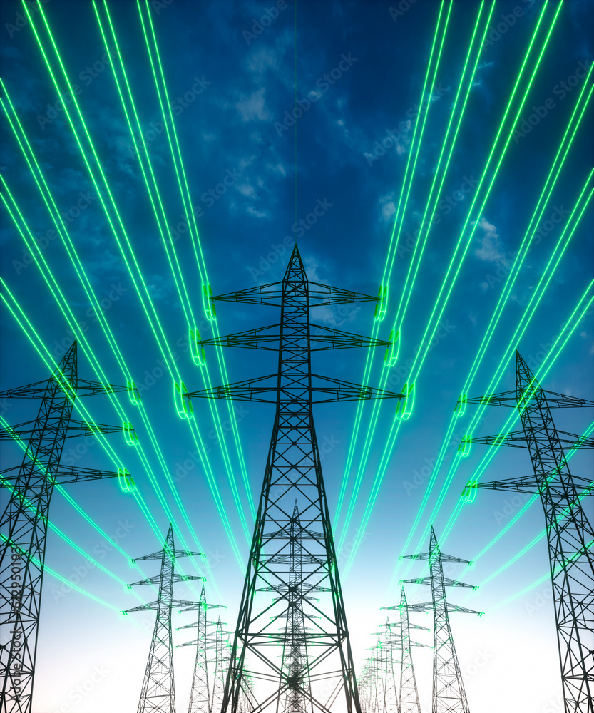 High voltage transmission towers with green glowing wires against blue ...