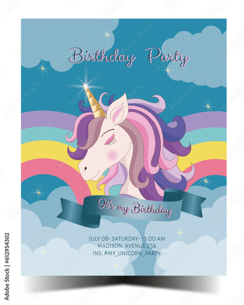Cute unicorn invitation with clouds and raibow. Ready to print. Vector ...