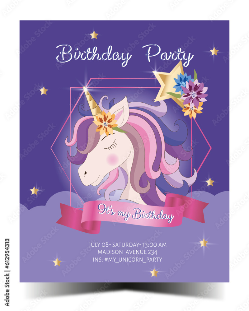 Cute unicorn invitation with stars and frame. Ready to print. Vector ...