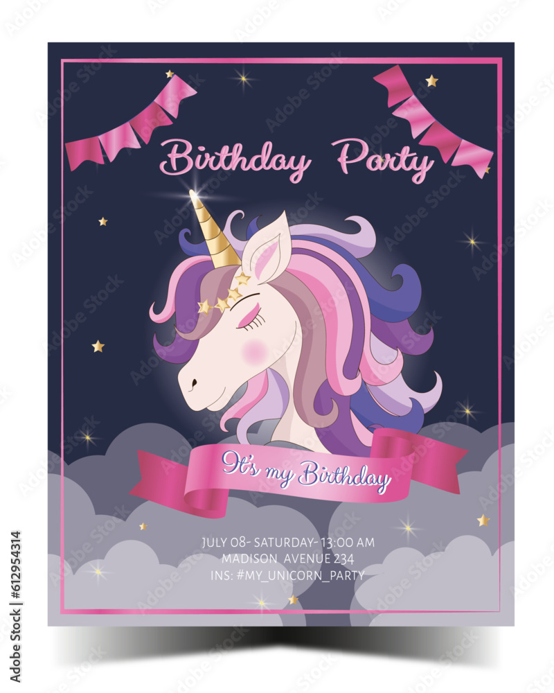 Cute unicorn invitation with clouds and frame. Ready to print. Vector ...