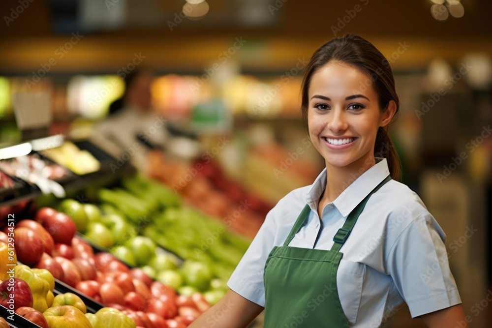 Smiling young female supermarket worker looking at the camera ...