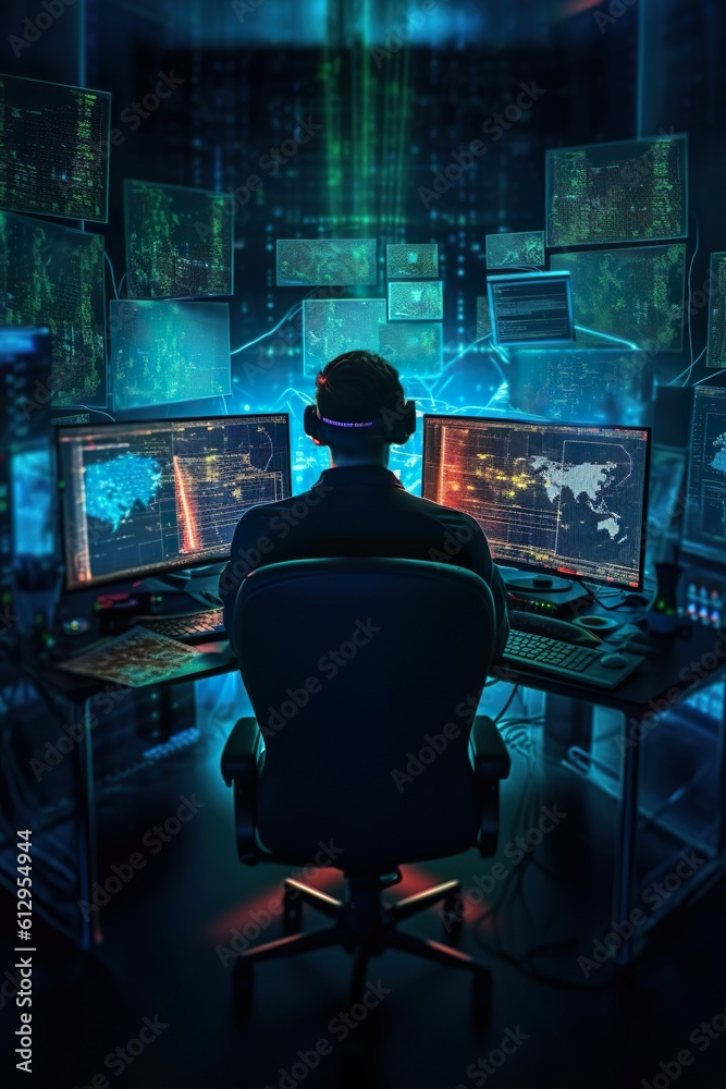 The image portrays a hacker sitting in front of multiple computer screens, surrounded by lines ...