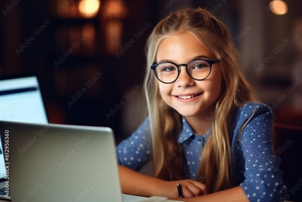 Young trendy beautiful school girl smiling, wearing round metal glasses ...
