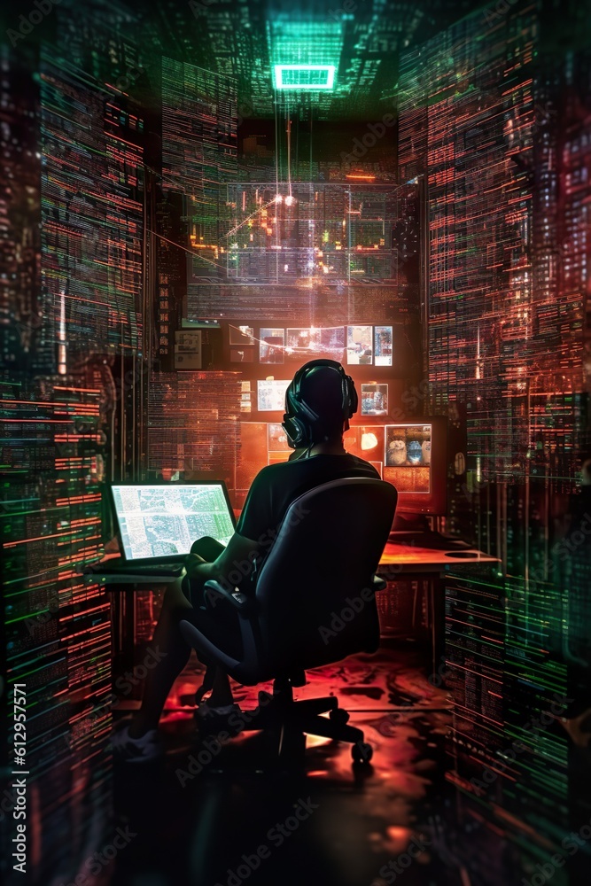 The image portrays a hacker sitting in front of multiple computer ...