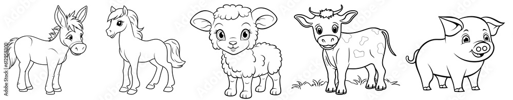 Farm animals - cute Donkey, Horse, Sheep, Cow and Pig, simple thick ...