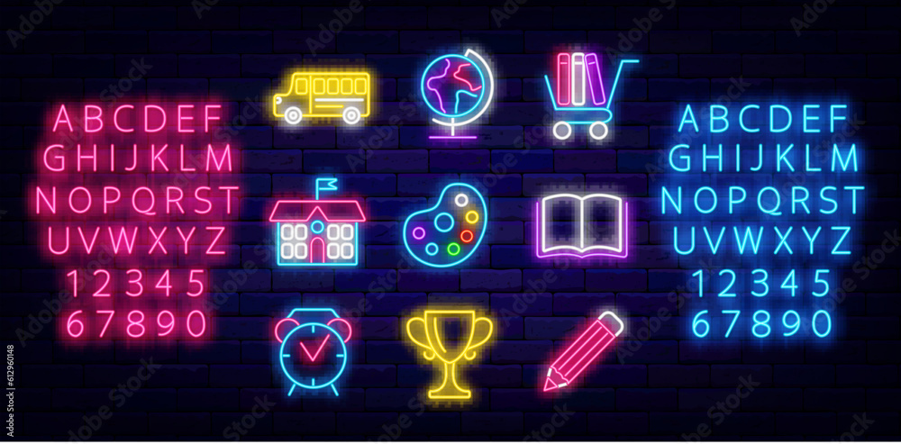 School neon icons set. Cup, globe and school bus. Shiny pink and blue ...