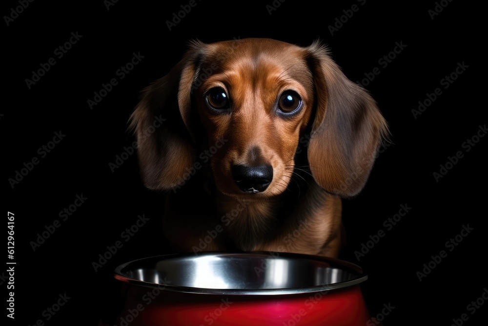 cute brown dog patiently waiting in front of a bright red food bowl ...