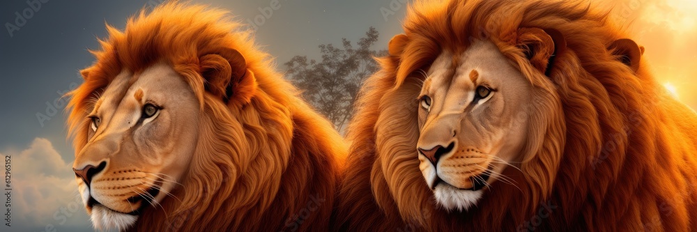 Two magnificent lions, members of pride, exude strength and grace. The ...