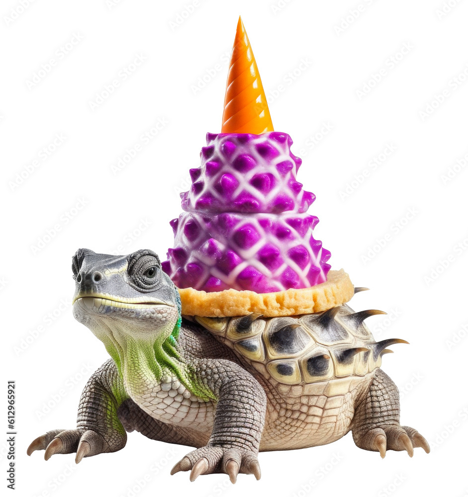 Weird turtle with a birthday cake on it's shell on a transparant ...
