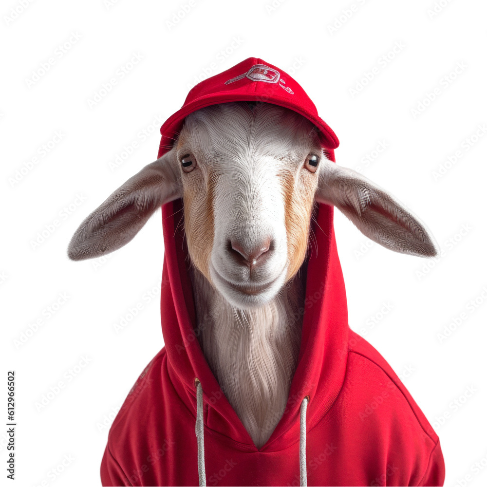 Sporty goat wearing a red hoodie on a transparant background, cut out ...