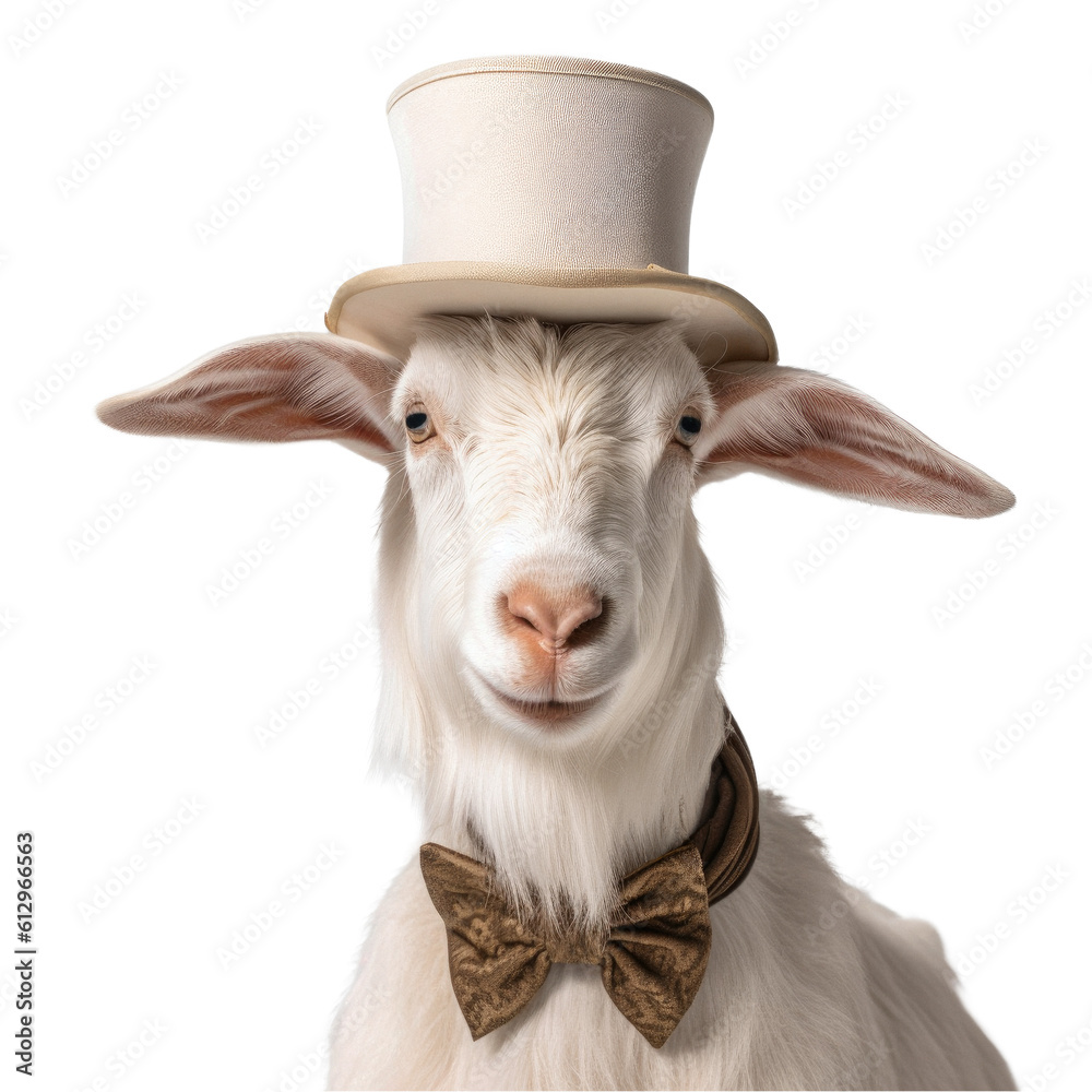 Sophisticated goat wearing a white high hat on a transparant background ...