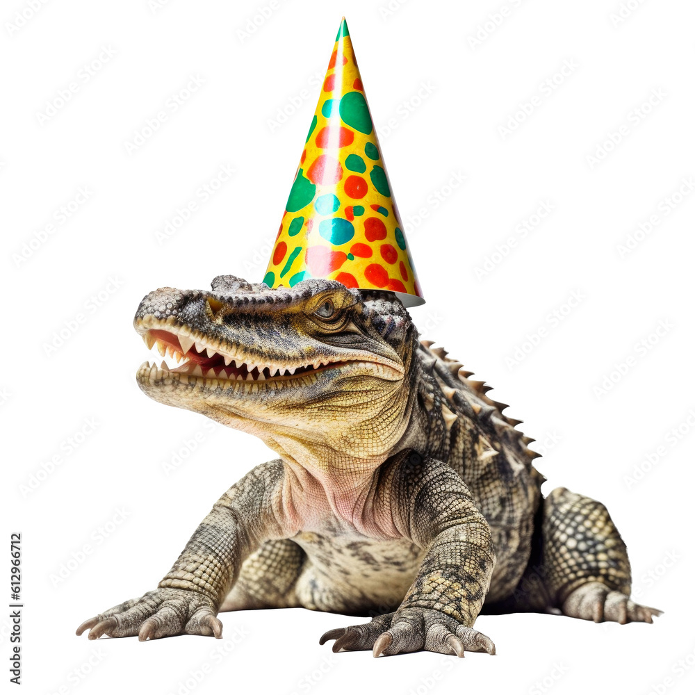 Crocodile wearing a birthday party hat on a transparant background, cut ...