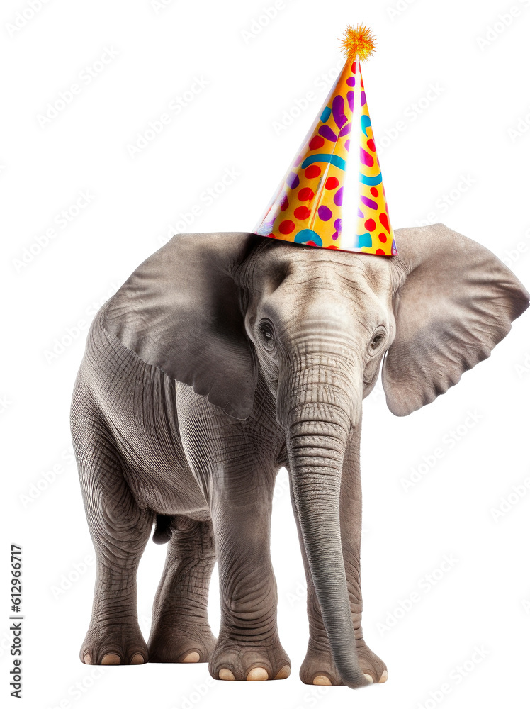 Elephant wearing a birthday party hat on a transparant background, cut ...