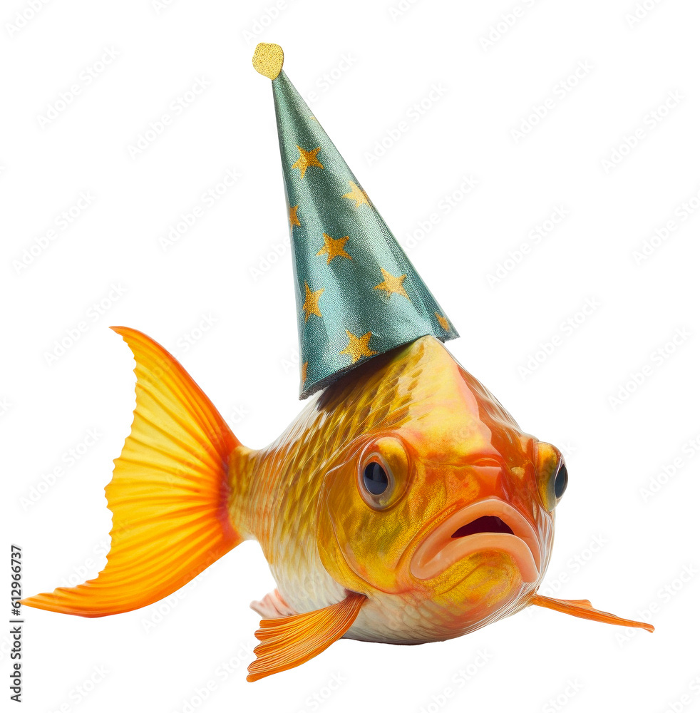 Gold fish wearing a birthday party hat on a transparant background, cut ...