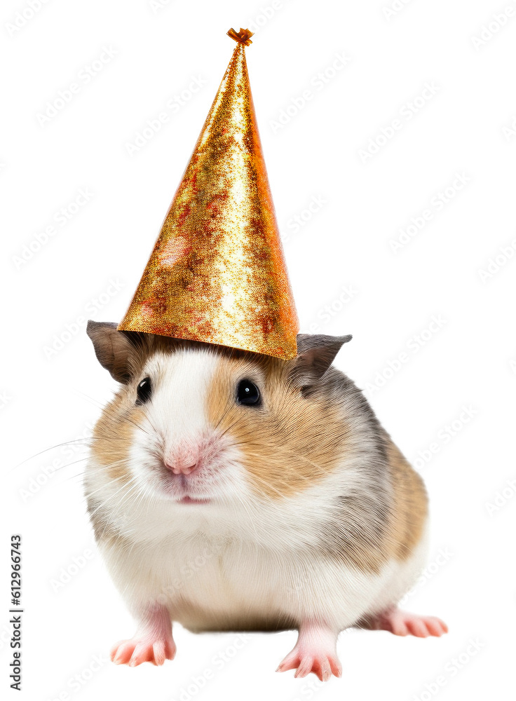 Grumpy hamster wearing a birthday party hat on a transparant background ...