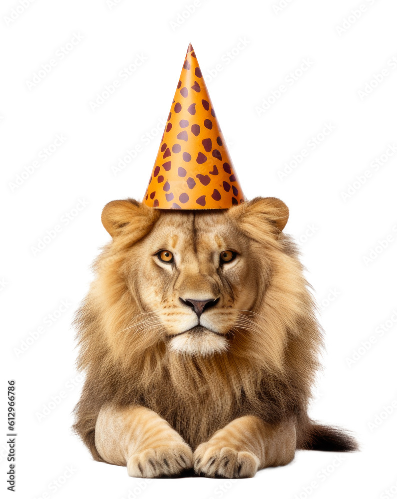 Fierce lion wearing a birthday party hat on a transparant background ...