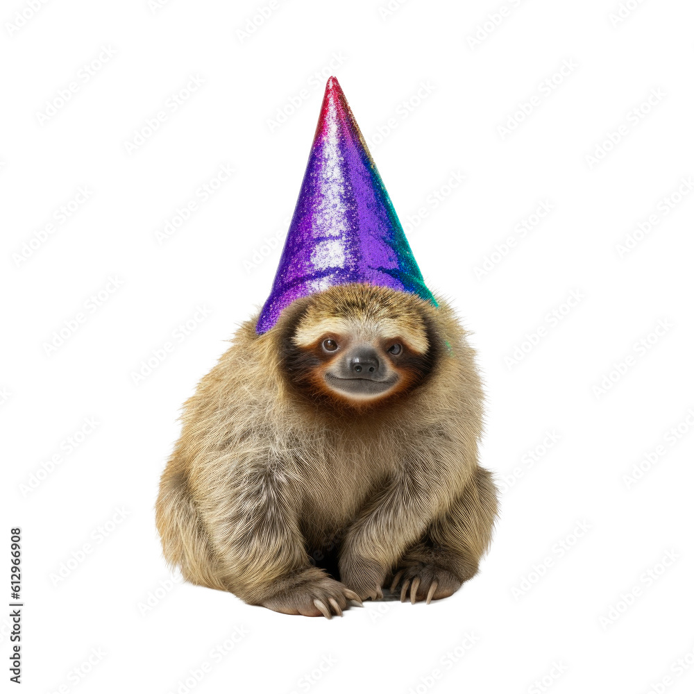 Funny sloth wearing a birthday party hat on a transparant background ...