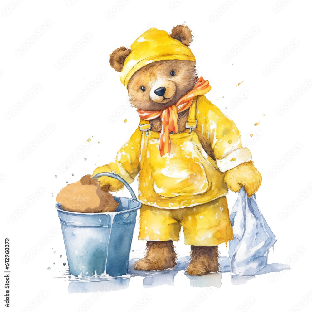 cute teddy bear as cleaning personal with with bucket and cleaning rag ...