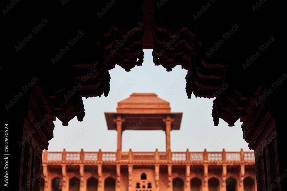 Decorative buildings and walls inside of Agra red fort in India ...