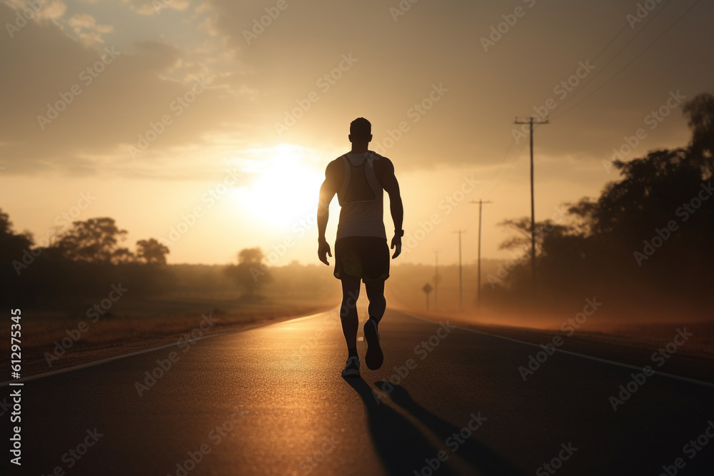 Athletic man walking on a road into the sunset, with the sun setting ...