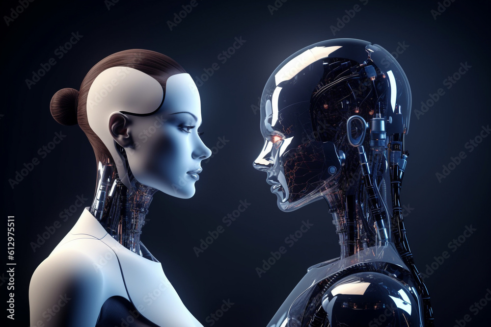 A futuristic AI Android robot stands alongside a beautiful female woman ...