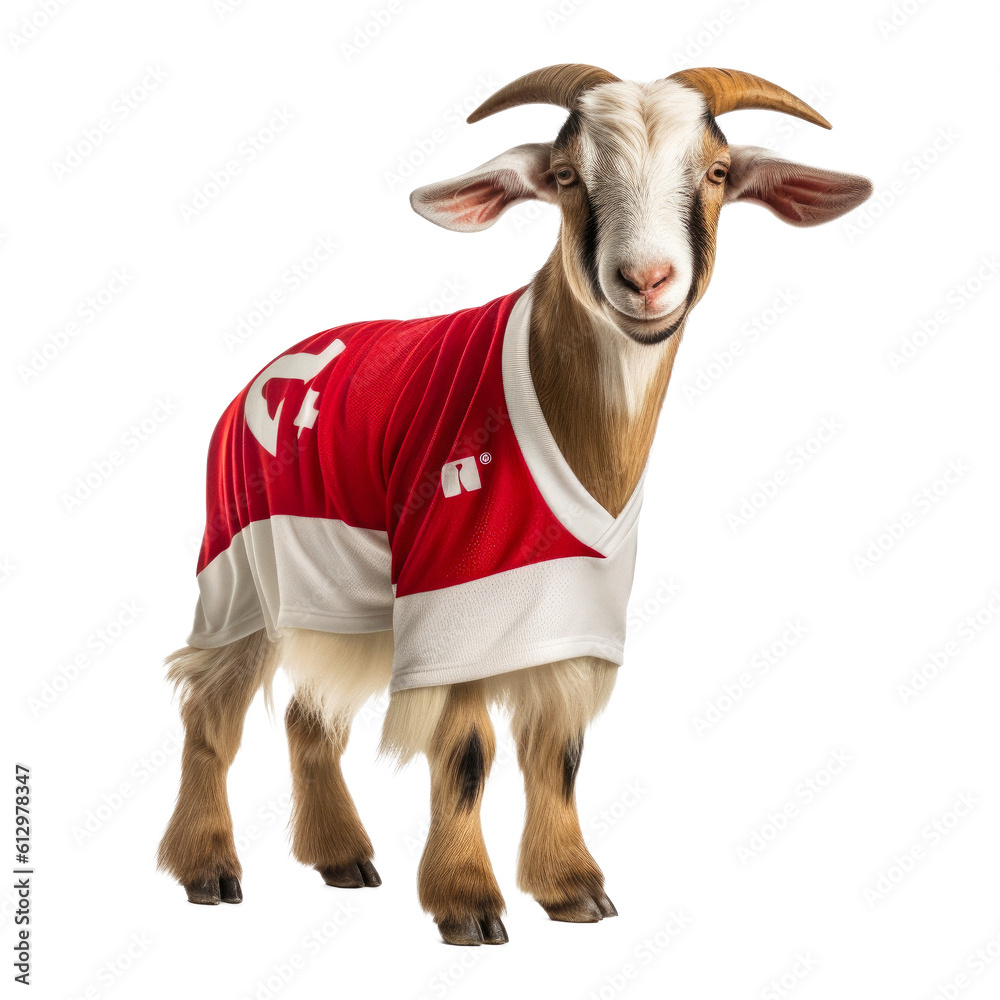 Goat with a red sports jersey isolated on a transparant background ...