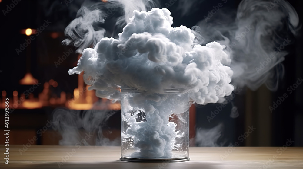 Liquid Nitrogen, labour, white deep smoke in glass. Controlled ...