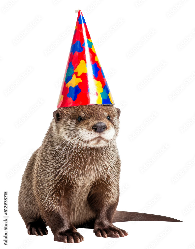 Grumpy otter with party hat isolated on a transparant background ...