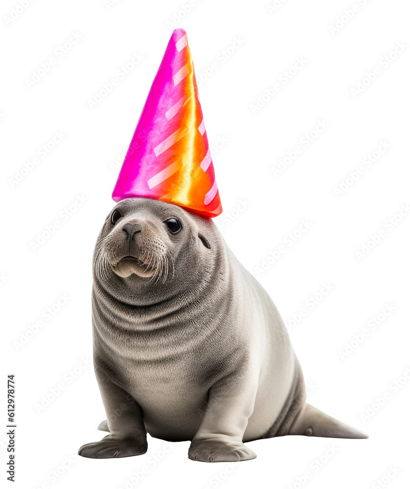 Grumpy seal with party hat isolated on a transparant background ...