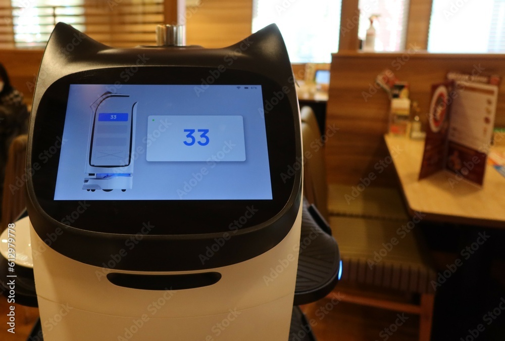 Cat robot waiter serving food at GUSTO restaurant in Tokyo, Japan ...