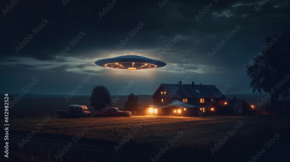 UFO, an alien spaceship with a beam of light hovered above a farmhouse ...