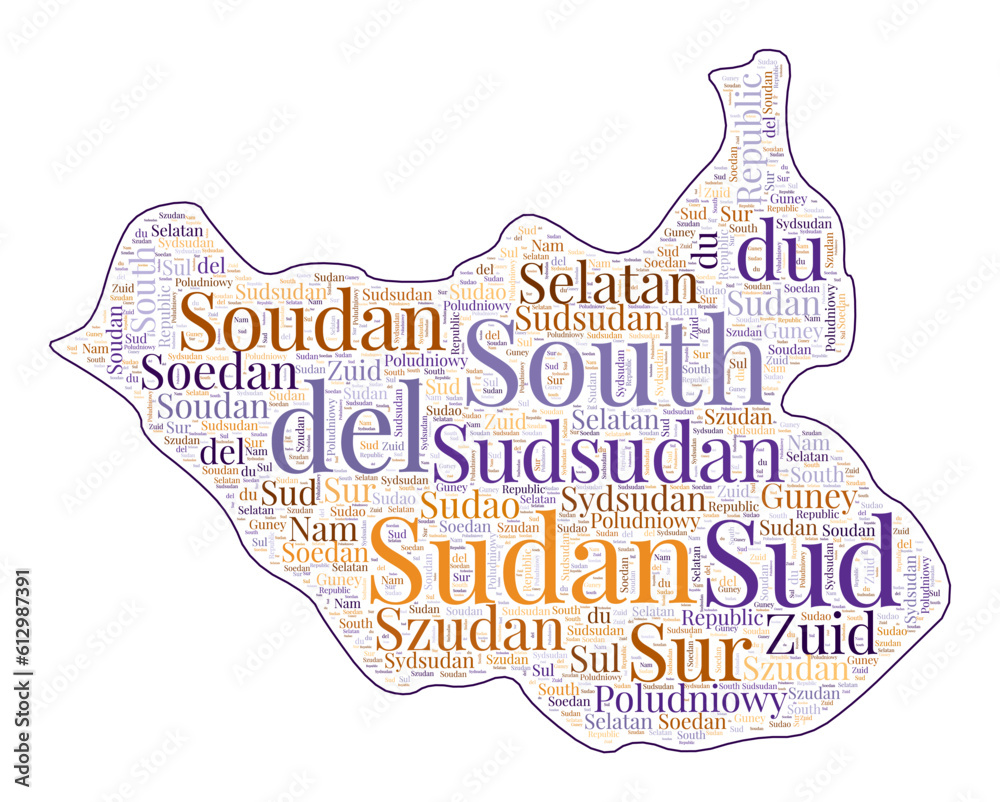 South Sudan shape filled with country name in many languages. South ...