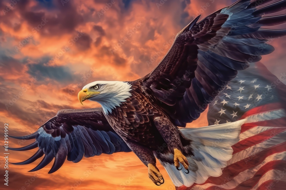 An epic image of a majestic Bald Eagle soaring through the sky ...