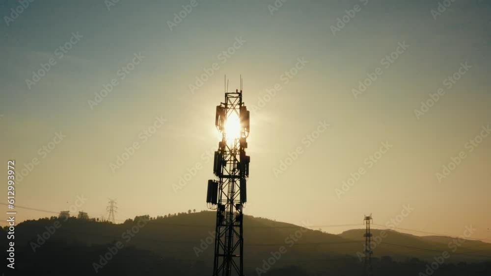4K drone shot of cellular base station of cell tower. Aerial view of ...
