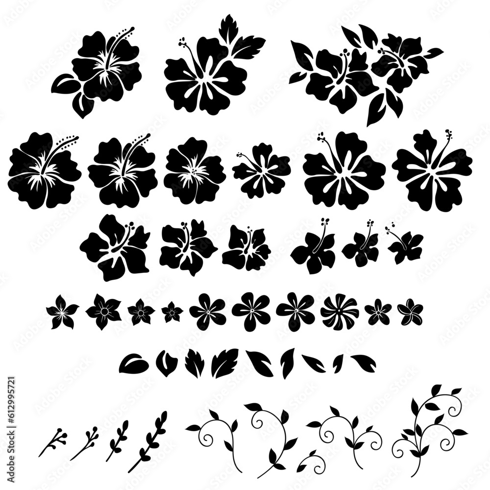 Set Of Tropical Hibiscus Flower Silhouette Illustrations Stock Vector