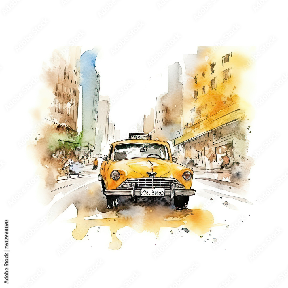 Old yellow taxi car watercolor drawing. isolated on white background ...