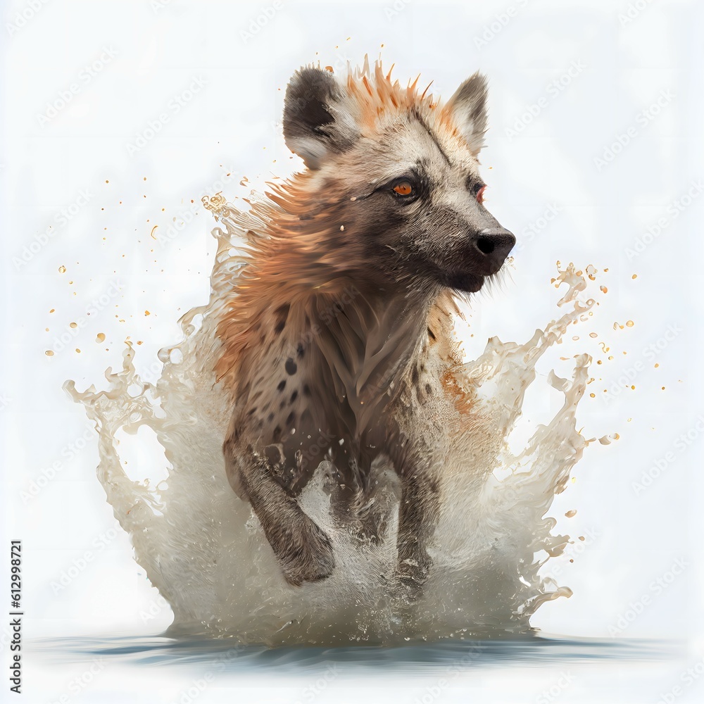 spotted hyena, amazing photorealistic splashing water, white background ...
