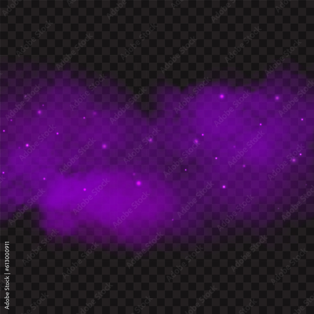 Vector realistic purple clouds with glowing sparkles. Magic dust effect ...