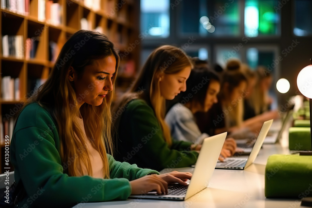 Women, students in library with laptop and studying for exam or ...