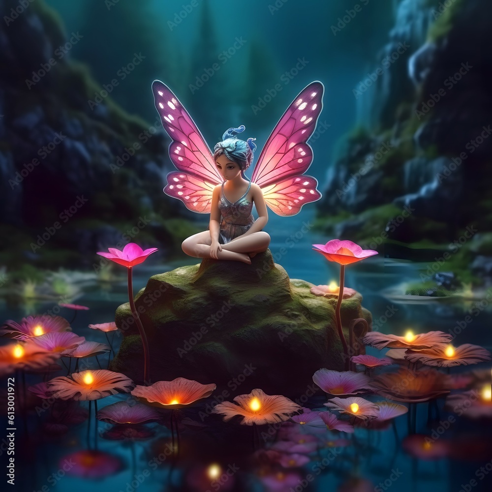 hyper realistic a tiny pixie fairy sitting on A rock in the middle on a ...