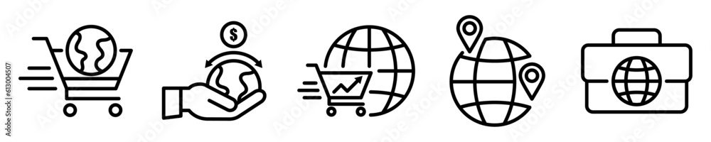 Conjunto de iconos de comercio internacional. Mercado global. Compra y ...