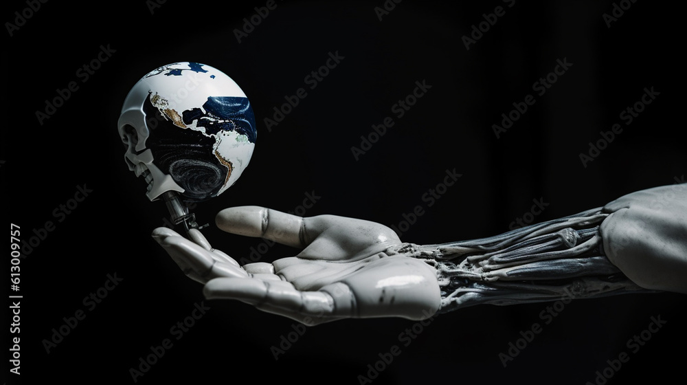 dramatic abstract, hand and arm of a robot with a symbolic figure of a ...