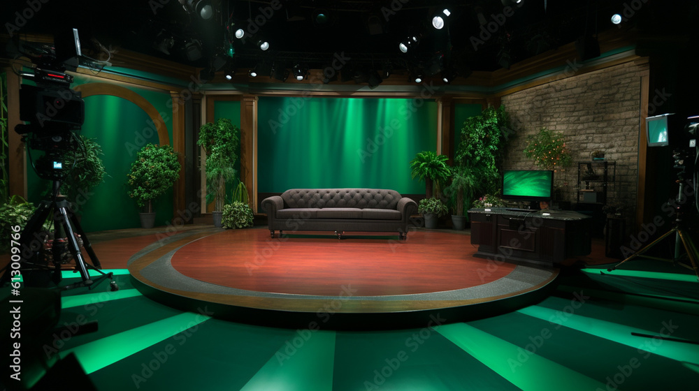 TV studio with green screen background, video cameras, television ...