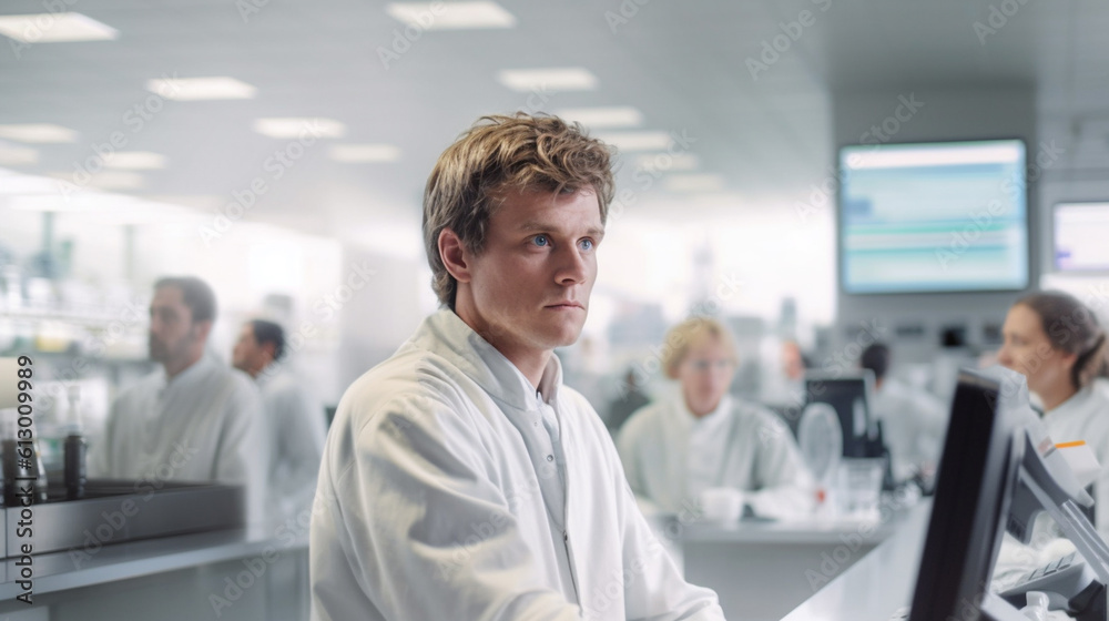 a caucasian young adult man in a science laboratory, scared facial ...