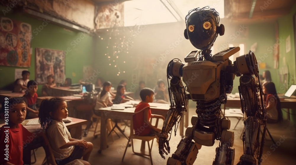 a creepy spooky robot is a teacher in an elementary school, poverty and ...