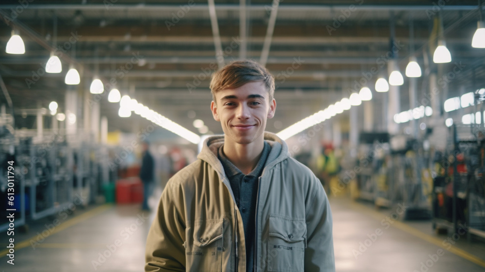 teenager boy or young adult man works in a workshop, stands in front of ...
