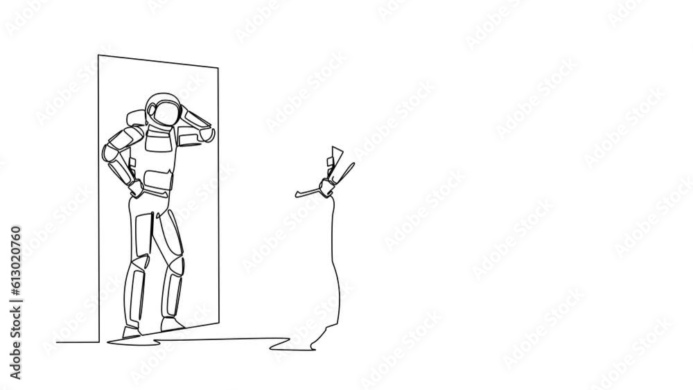 Self drawing animation of single line draw astronaut standing with ...