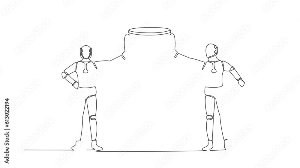 Self drawing animation of single one line draw two robots holding ...
