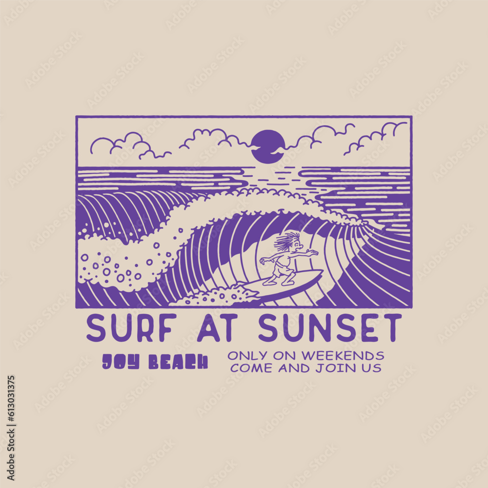 cartoon illustration surfing graphic waves design sunset vintage ...