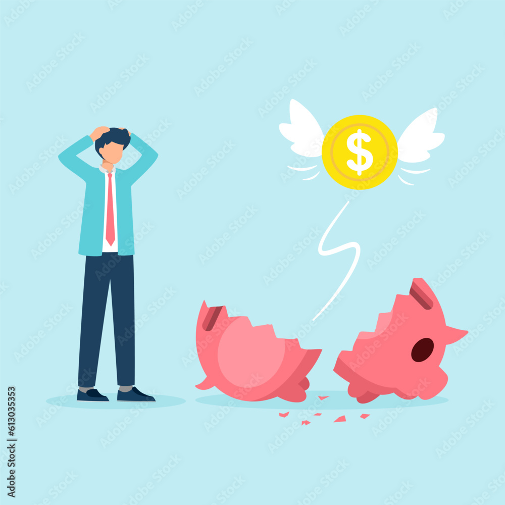 Sad Businessman and Broken Piggy bank and no savings money. No deposit ...
